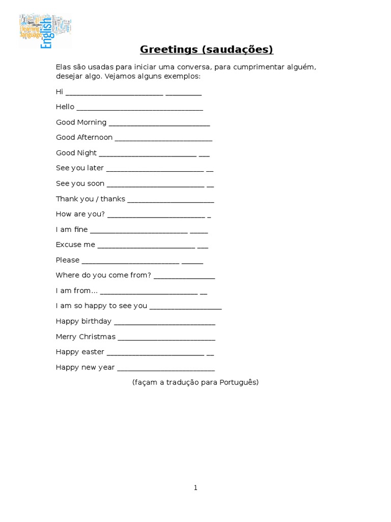 Ficha Greeting e Verbo To Be | PDF | Pronome | Idiomas