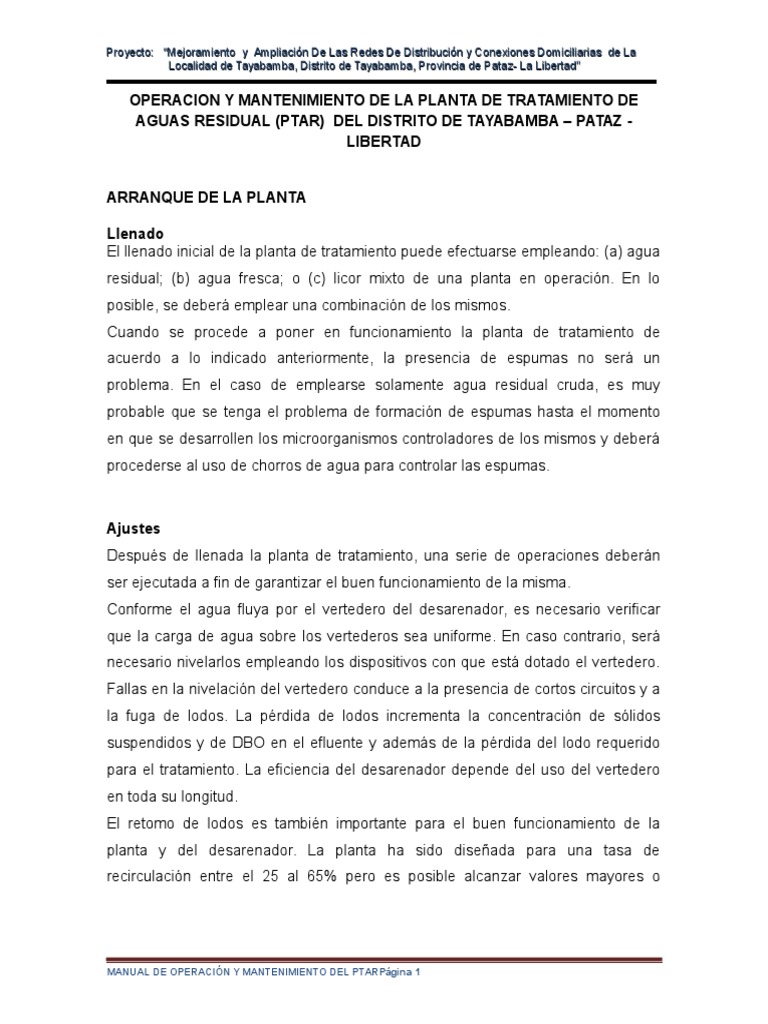 Manual de O&M PTAR Tayabamba | PDF | Aguas residuales | Gasolinera