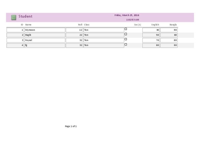 Student: ID Name Roll Class Sec (A) English Bangla | PDF