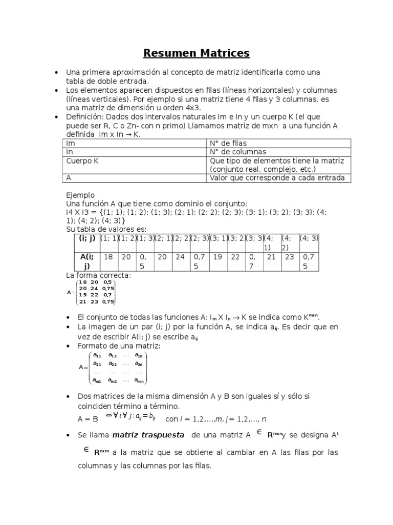 Resumen Matrices | PDF | Matriz (Matemáticas) | Álgebra lineal
