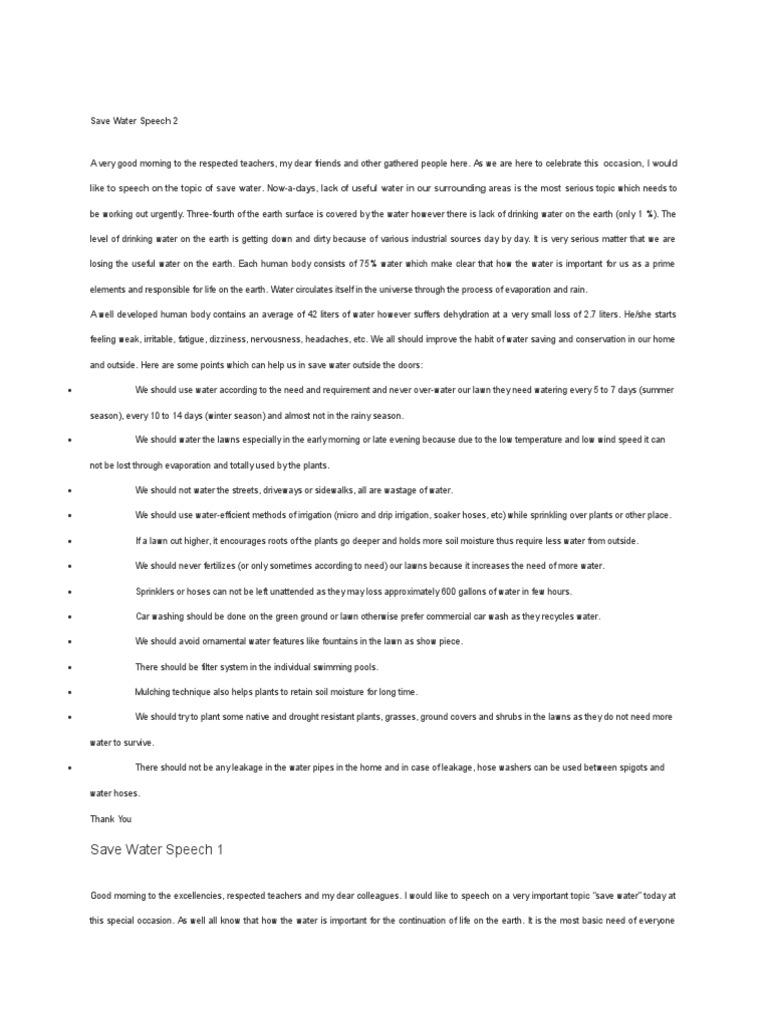 Save Water Speech | PDF | Water Pollution | Drinking Water