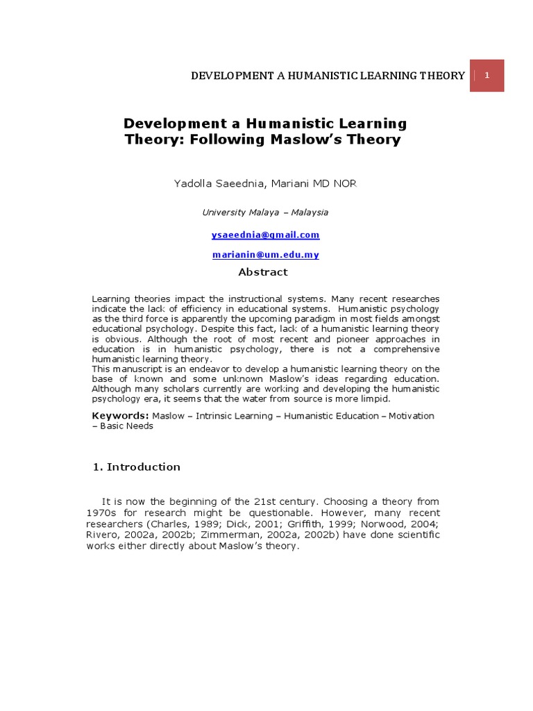 Developing a Humanistic Learning Theory | PDF | Self Actualization | Motivation