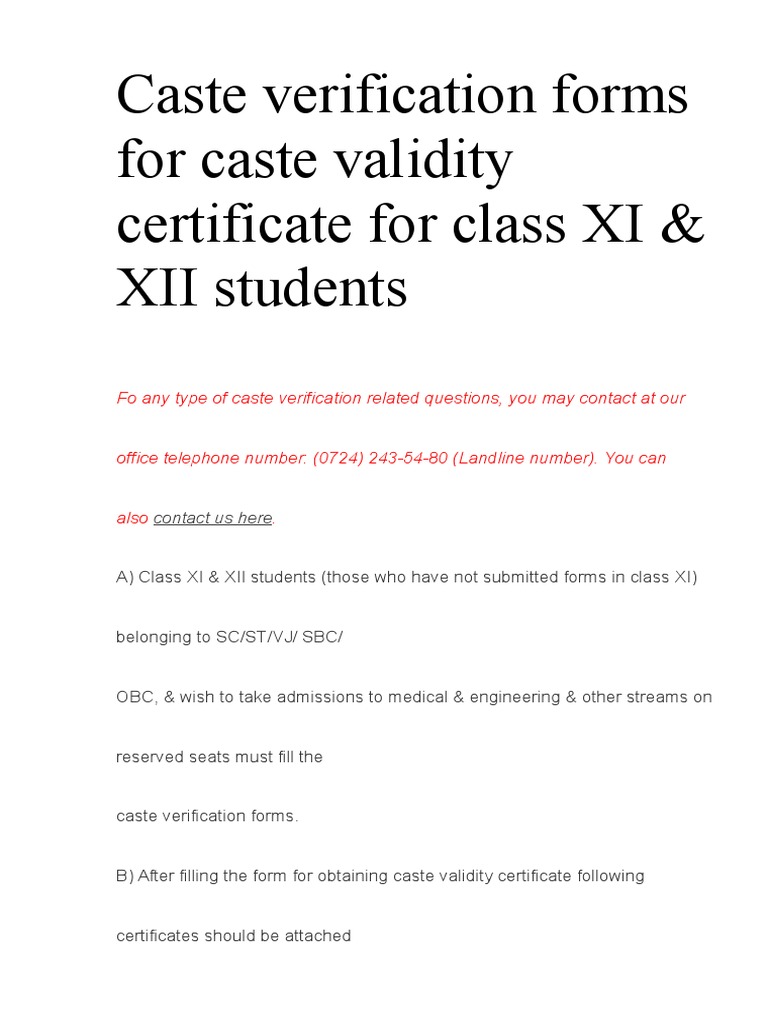 Caste Verification Forms For Caste Validity Certificate For Class XI | PDF