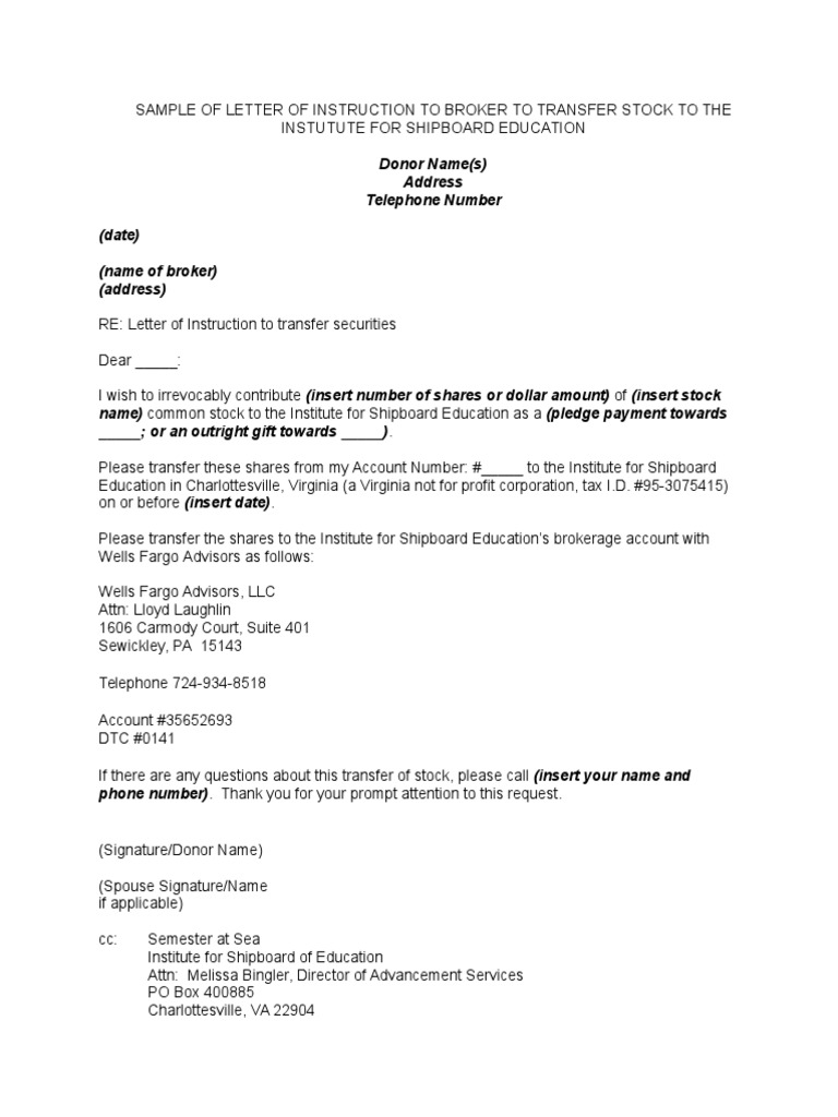 Stock Transfer Instruction Letter Sample | PDF