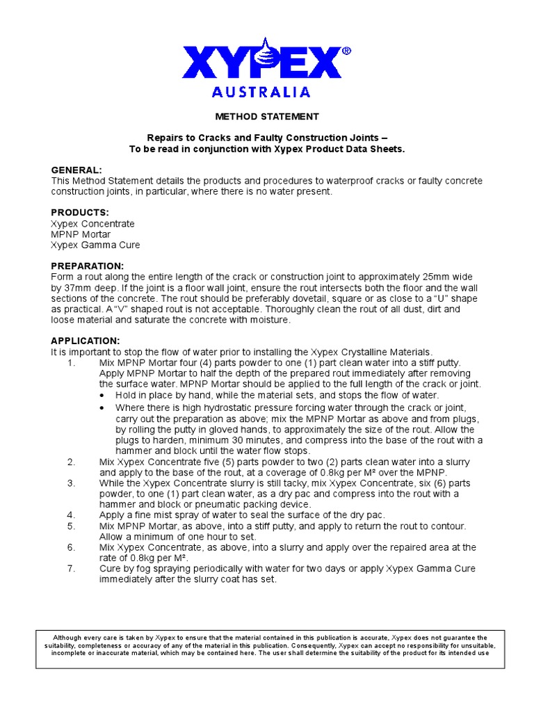 Xypex Crack Repair Method Statement | PDF | Mortar (Masonry) | Concrete