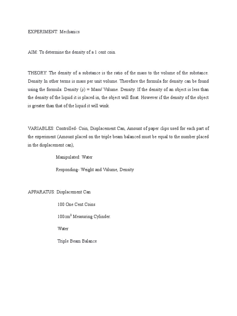 Density of A Coin Lab | PDF | Density | Volume