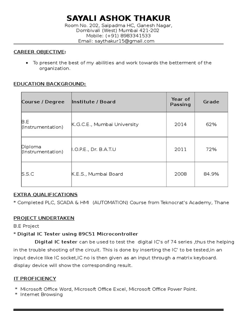 Sayali Thakur - Instrumentation Engineer CV | PDF | Technology & Engineering