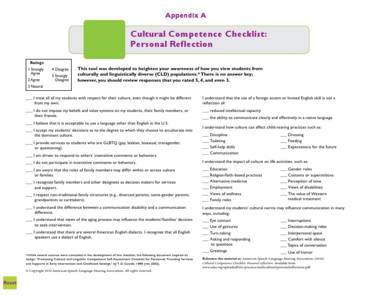 Cultural Competence Checklist: Personal Reflection: Appendix A | PDF ...