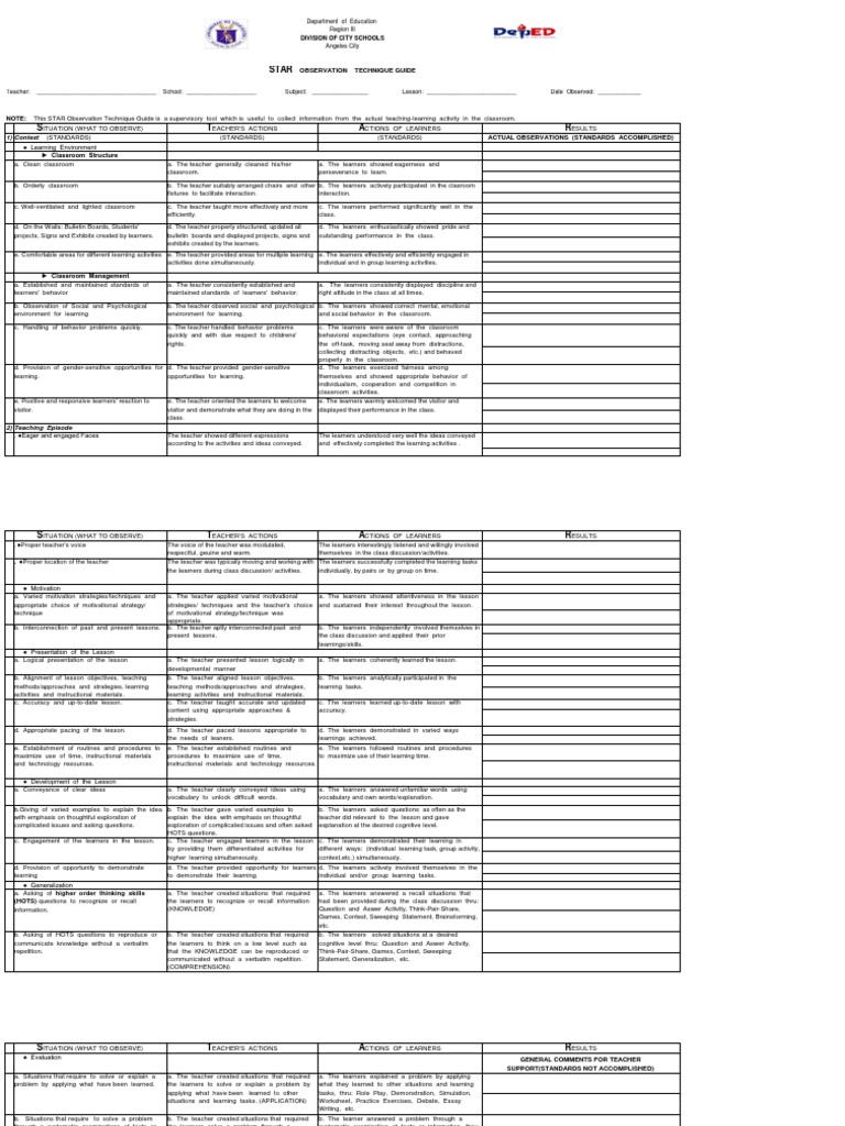 STAR Observation Technique Guide | PDF | Educational Assessment | Teachers