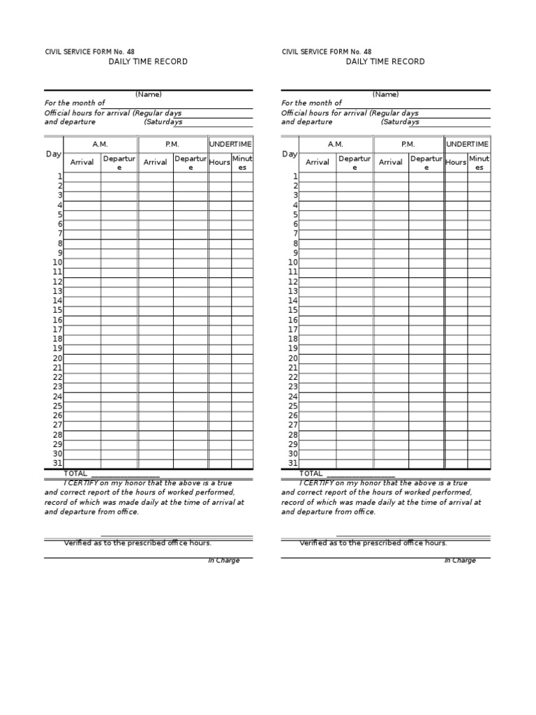 Daily Time Record Daily Time Record: Civil Service Form No. 48 Civil Service Form No. 48 | PDF