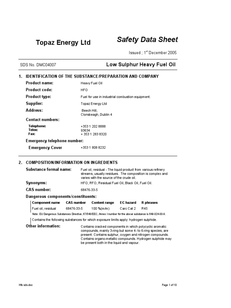 HFO Safety Data Sheet Overview | PDF | Toxicity | Fuel Oil