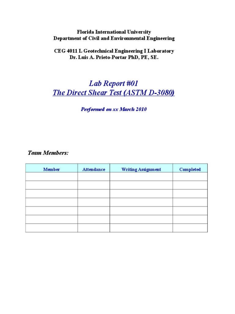 Lab Report #01 The Direct Shear Test (ASTM D-3080) | PDF | Teaching ...
