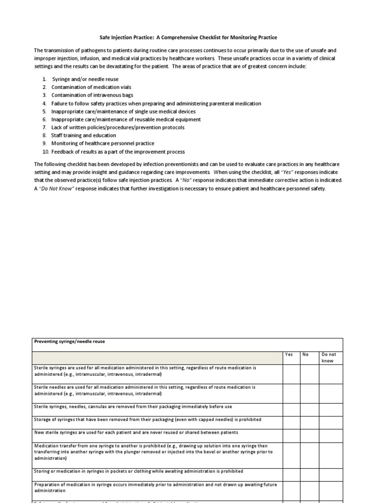 Safe Injection Practices Checklist | PDF | Intravenous Therapy ...