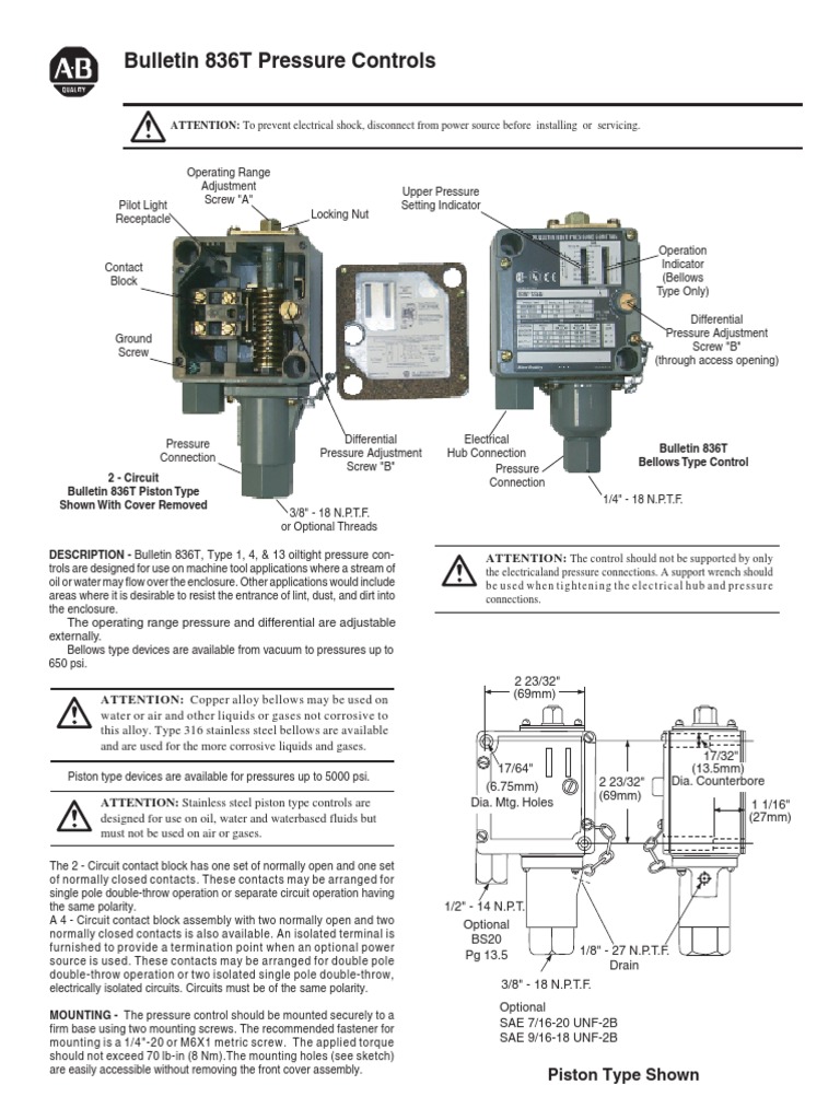 Bulletin 836T Pressure Controls Guide | PDF | Chemistry | Mechanical ...
