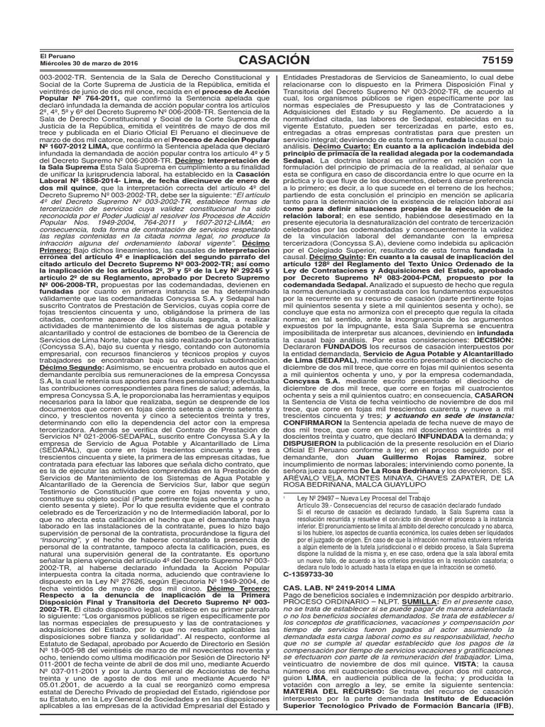 Casación Laboral Nº 2419-2014 Lima | Outsourcing | Derecho laboral Casación Laboral Nº 2419-2014 Lima | Outsourcing | Derecho laboral