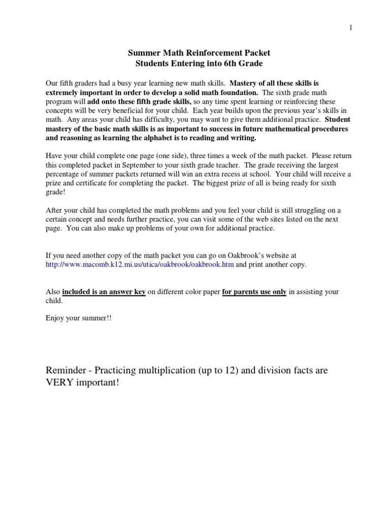 Entering 6th Grade Summer Math Packet | PDF | Rectangle | Fraction ...
