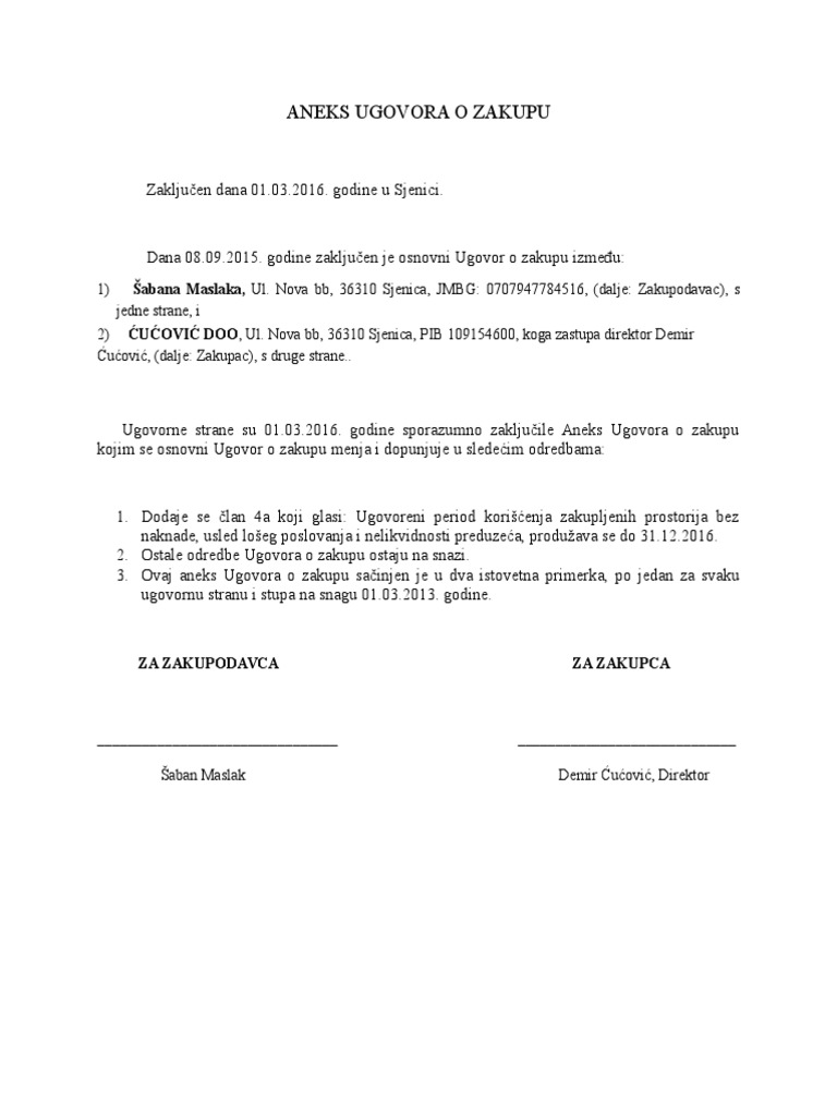 Aneks Ugovora o Zakupu | PDF