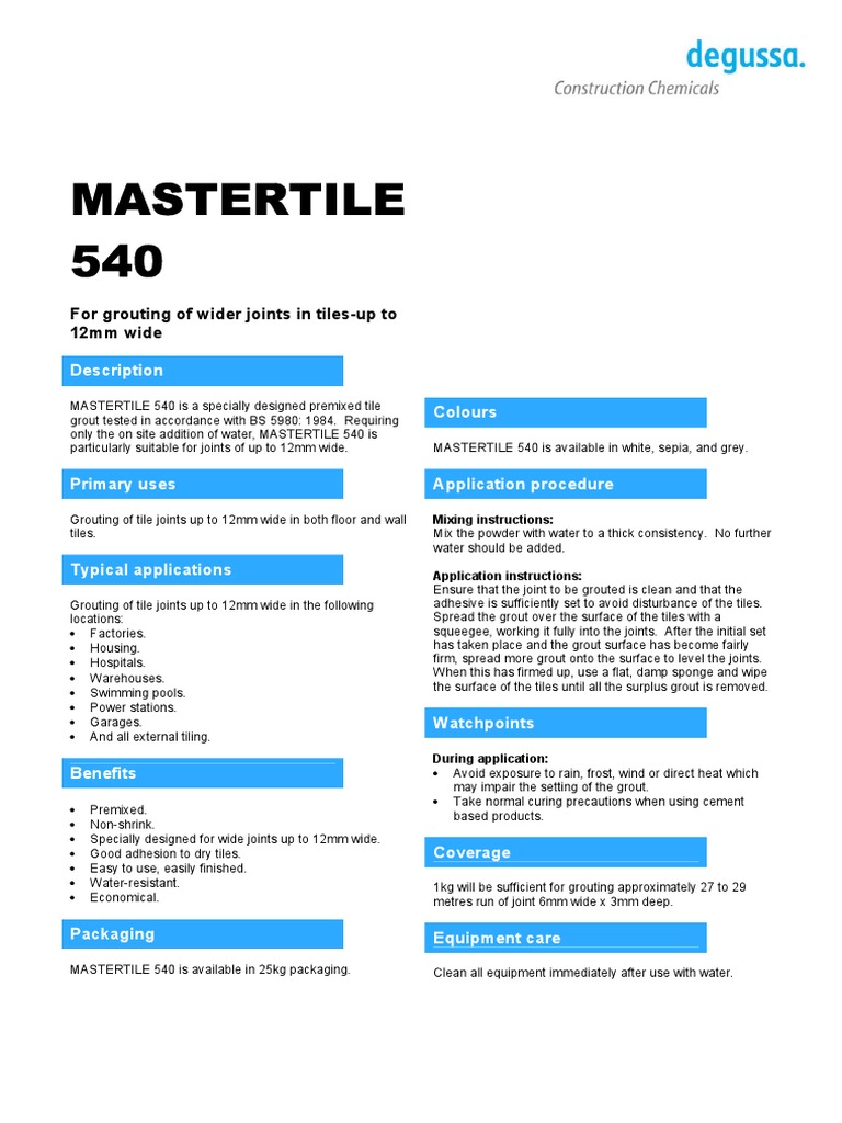 TDS - Mastertile 540 - Wjgrout | PDF | Tile | Packaging And Labeling