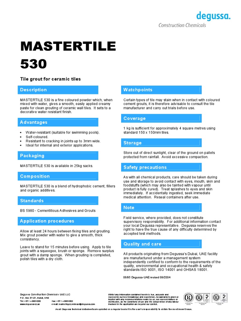 TDS - Mastertile 530 - Rbgrout | PDF | Tile | Adhesive