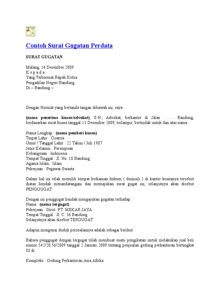 Contoh Surat Gugatan Perdata | PDF
