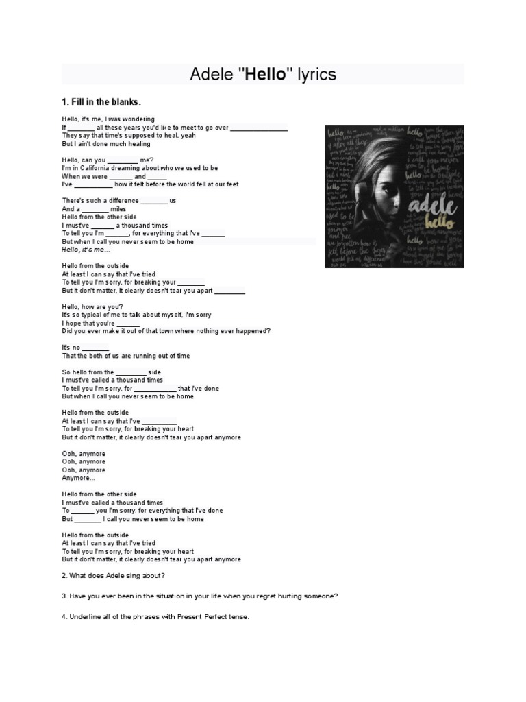 Adele "Hello" Lyrics: 1. Fill in The Blanks | PDF | Language Arts ...
