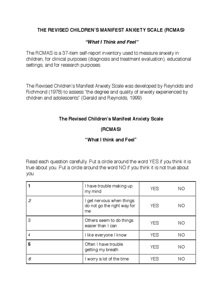 Revised Childrens Manifest Anxiety Scale PDF Applied, 42% OFF