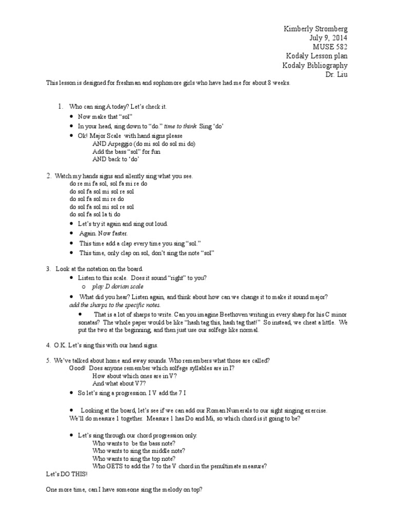 Kodály Method Lesson Plan Overview | PDF | Music Education | Singing