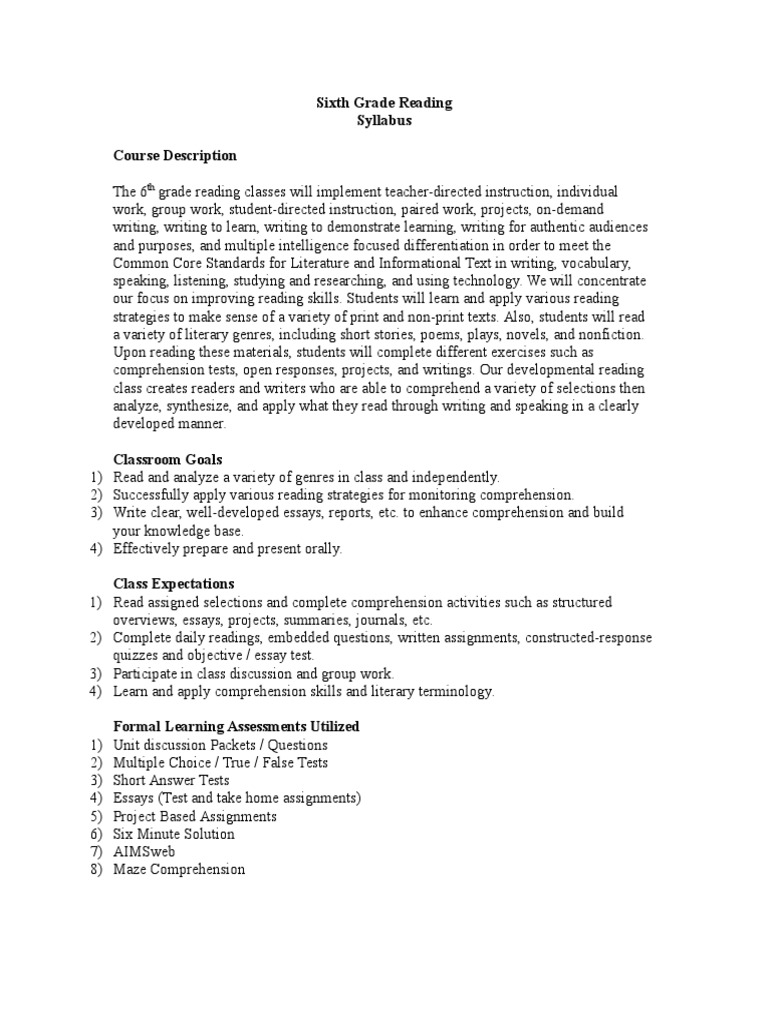 6th Grade Reading Syllabus Overview | PDF | Reading Comprehension ...