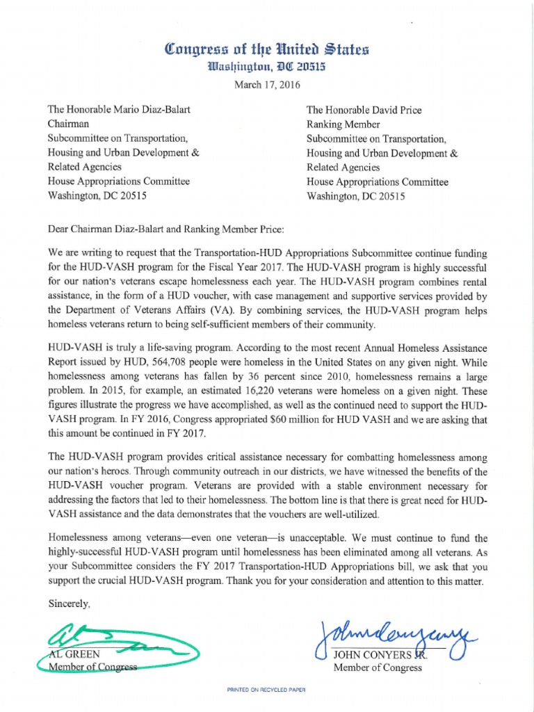 2016 HUD-VASH Appropriations Letter Request | PDF