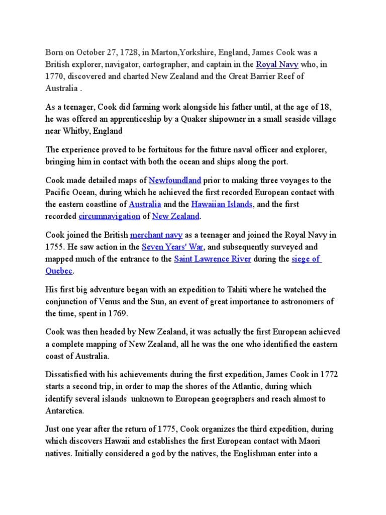 Born On October 27, 1728, in Marton, Yorkshire, England, James Cook ...