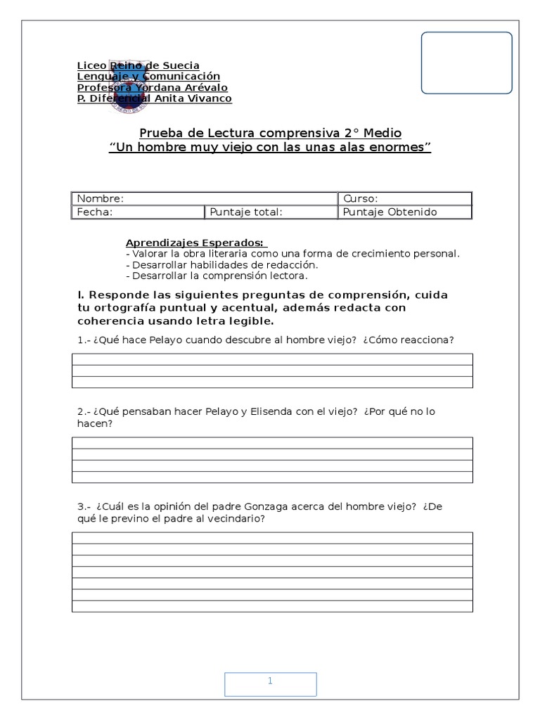 1 Hombre Muy Viejo Con Alas Enormes | PDF | Comprensión lectora