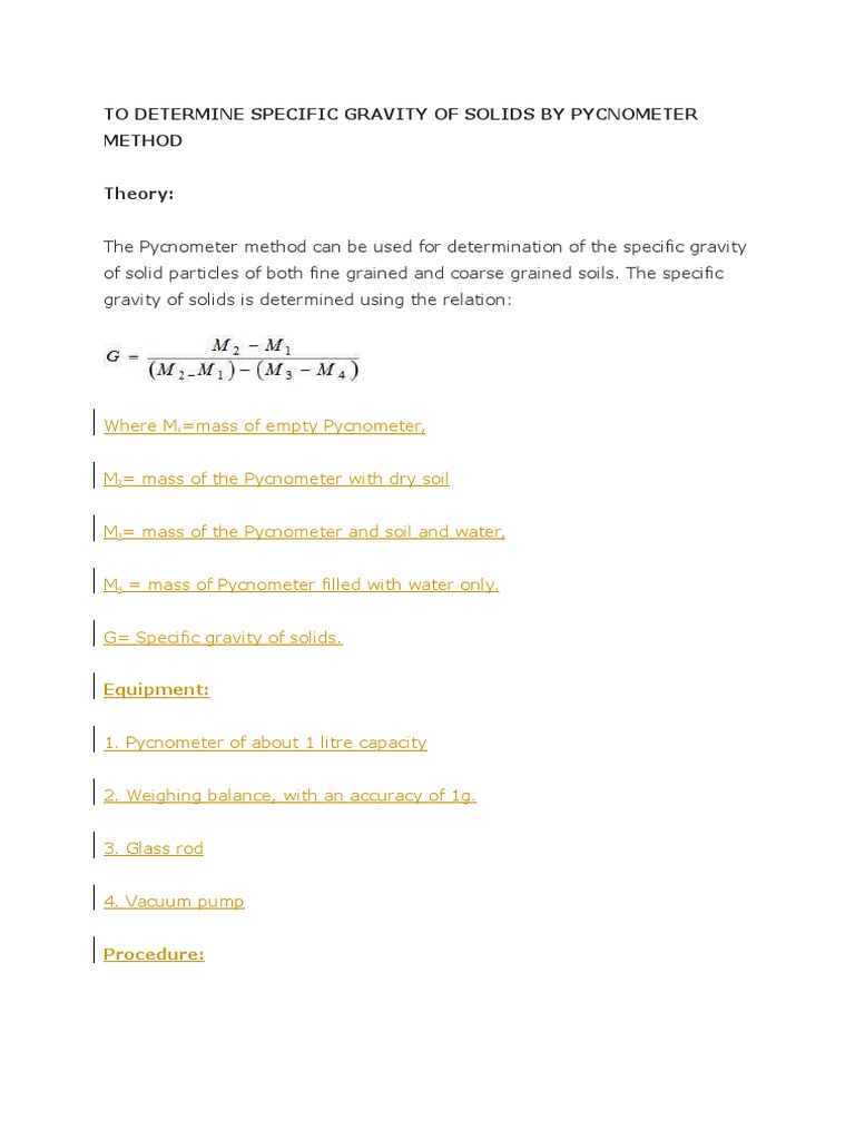 Specific Gravity of Solids by Pycnometer | PDF | Soil | Mass