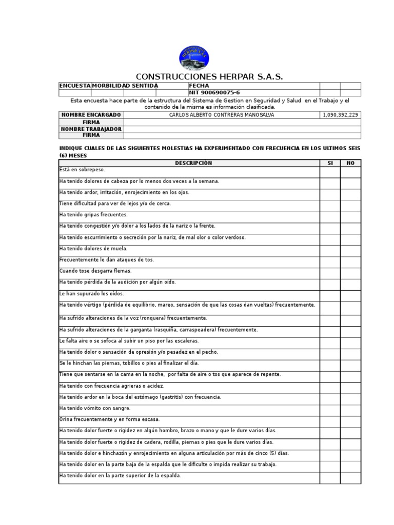 Encuesta y % Morbilidad Sentida | PDF | Dolor | Medicina CLINICA