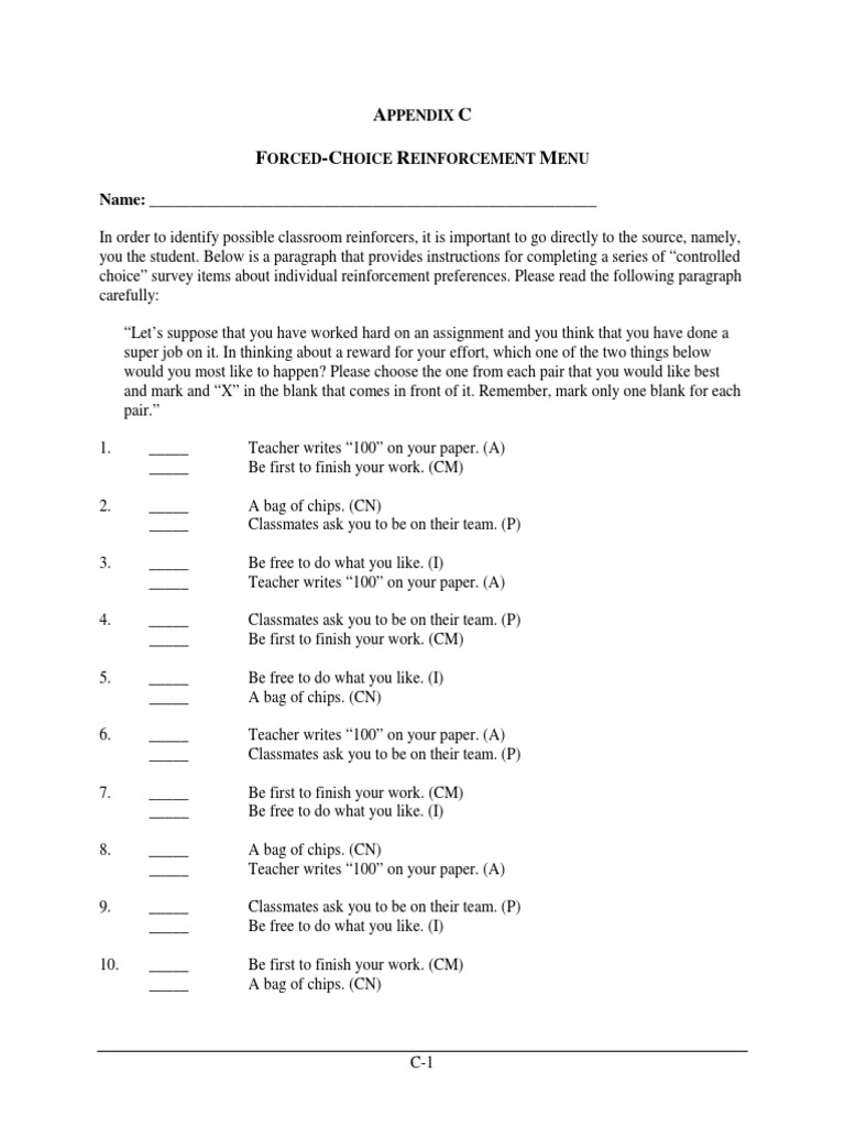 Forced-Choice Reinforcement Menu | PDF | Teaching | Behavioural Sciences