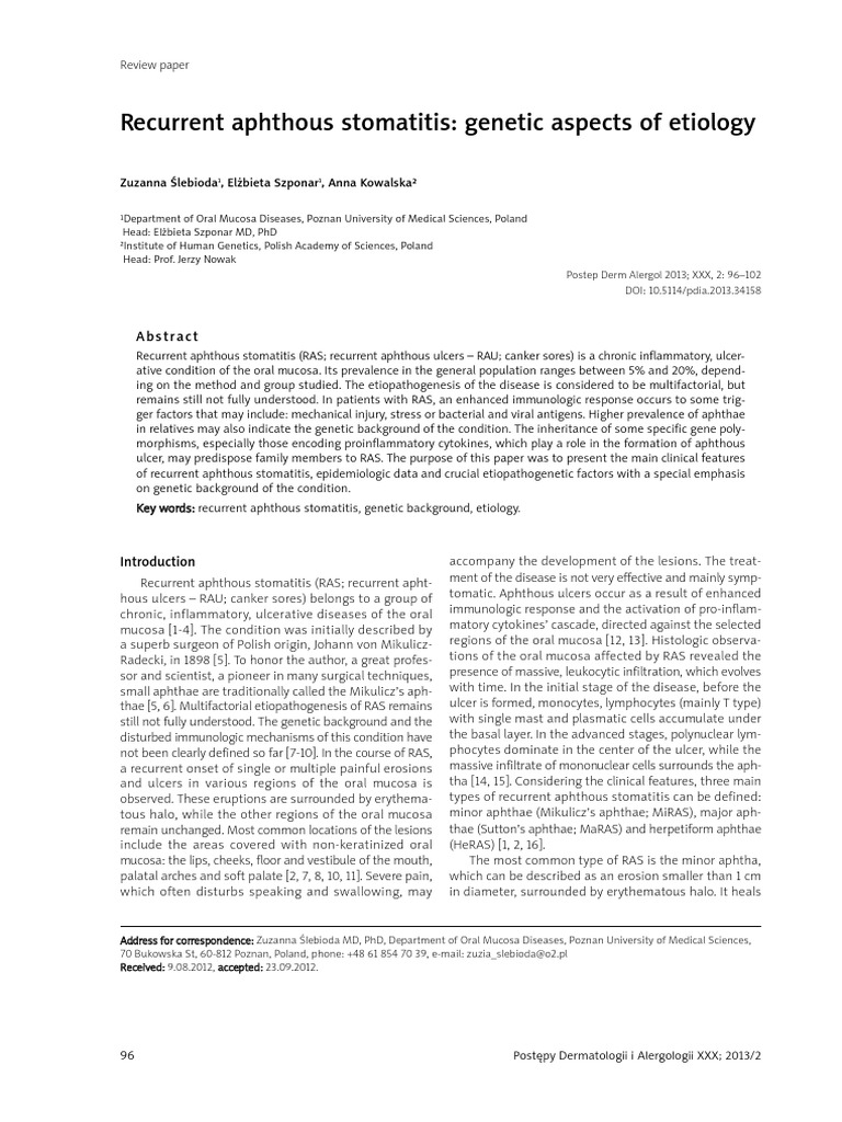 Recurrent Aphthous Stomatitis Genetic Aspects of Etiology | PDF ...