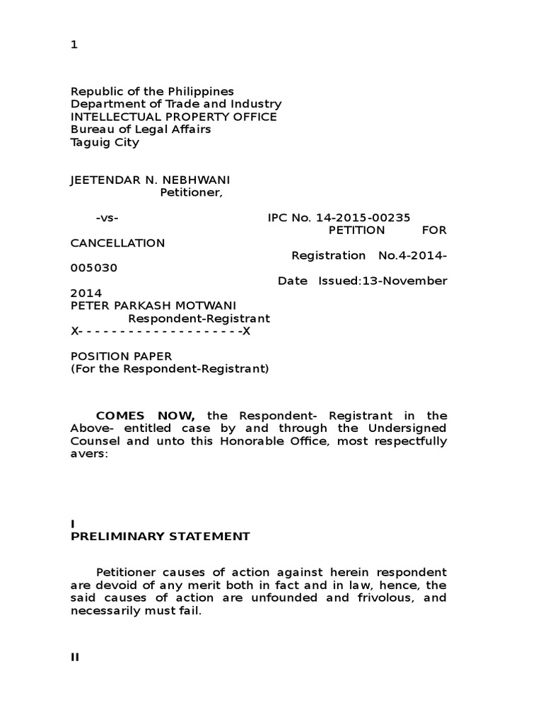 Position Paper Dti Case | Trademark | Private Law