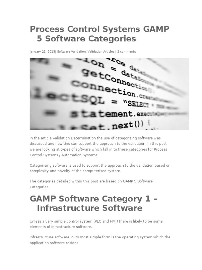 Process Control Systems GAMP 5 Software Categories | PDF | Verification And Validation | Scada