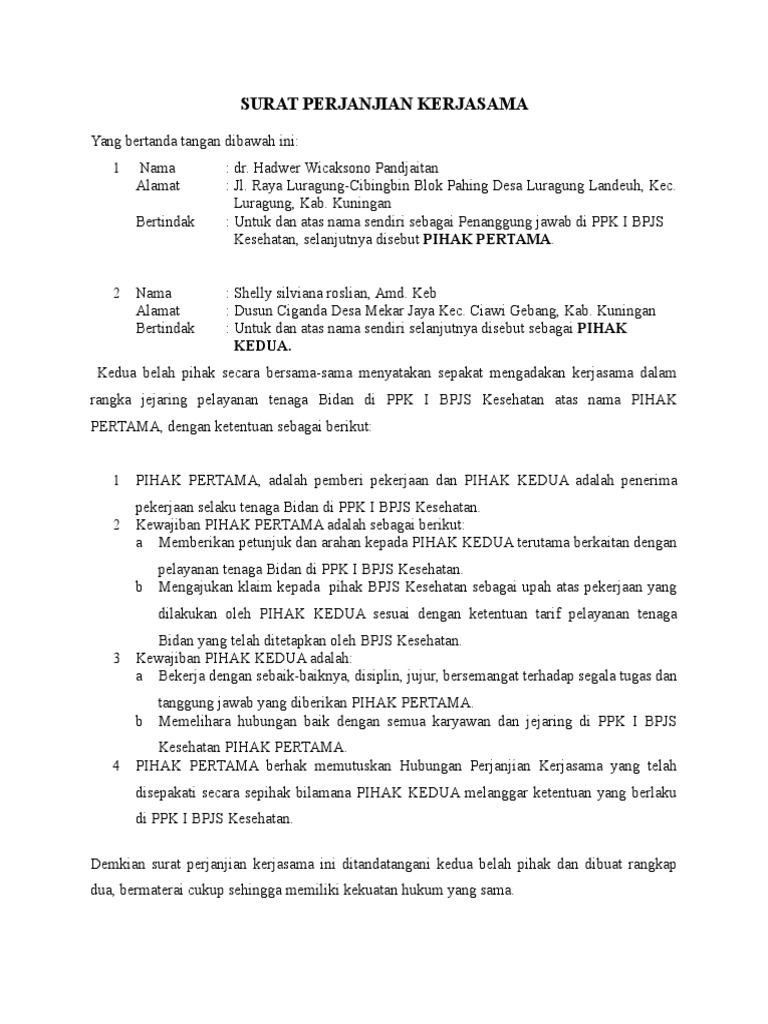 Surat Perjanjian Kerjasama Bidan | PDF