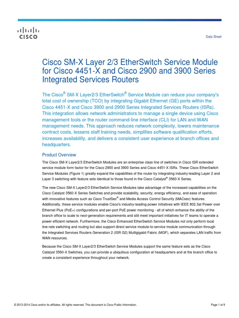Cisco SM-X Layer 2/3 Etherswitch Service Module For Cisco 4451-X and Cisco 2900 and 3900 Series ...