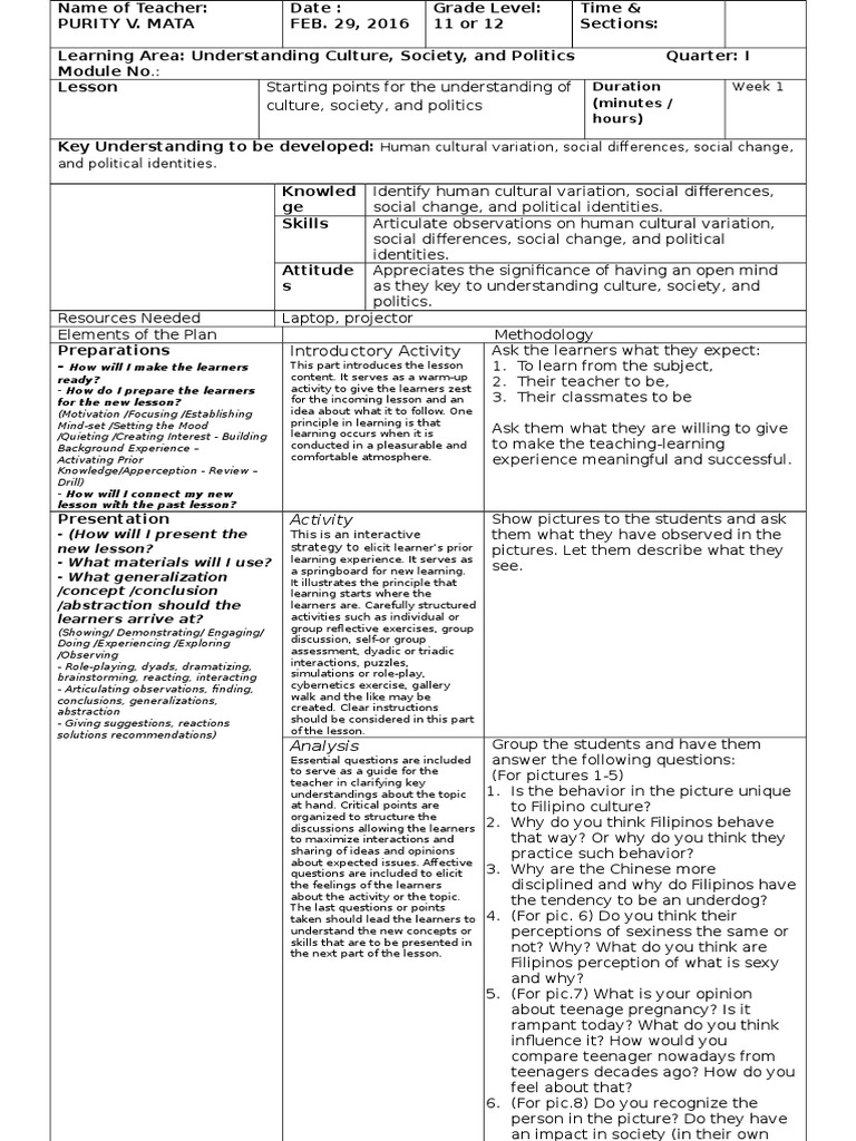 Understanding Culture and Society Lesson Plan | PDF | Adolescence ...