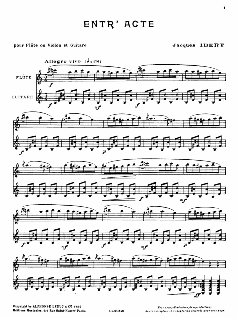 Ibert - Entracte Flute or Violin and Guitar | PDF