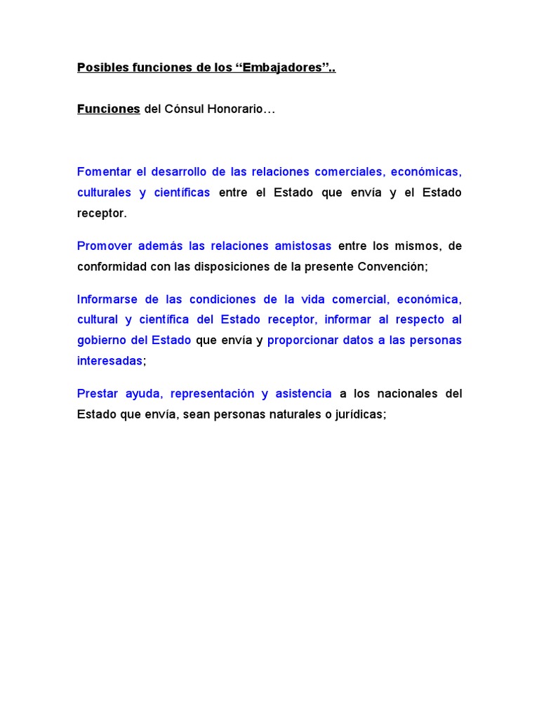 Funciones Del Cónsul Honorario | PDF | Cónsul (representante) | Diplomacia