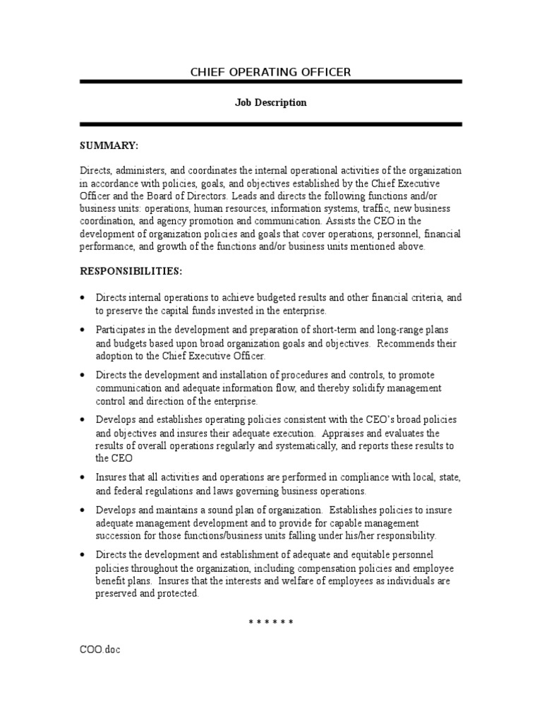 COO Job Description and Responsibilities | PDF | Business