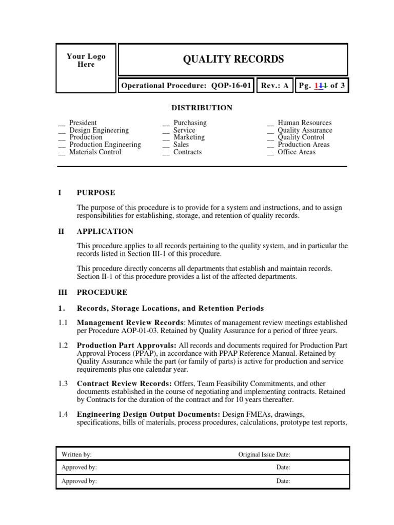 Procedure For Control of Records | PDF | Quality Assurance ...