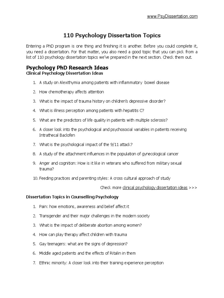 110 Psychology Dissertation Topics | PDF | Psychotherapy | Psychology