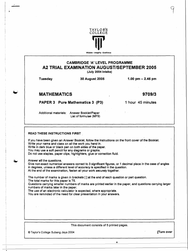 Kfccalmt9709 - Exam Paper - 200508 - Maths p3 - Trial Exam - Taylor ...
