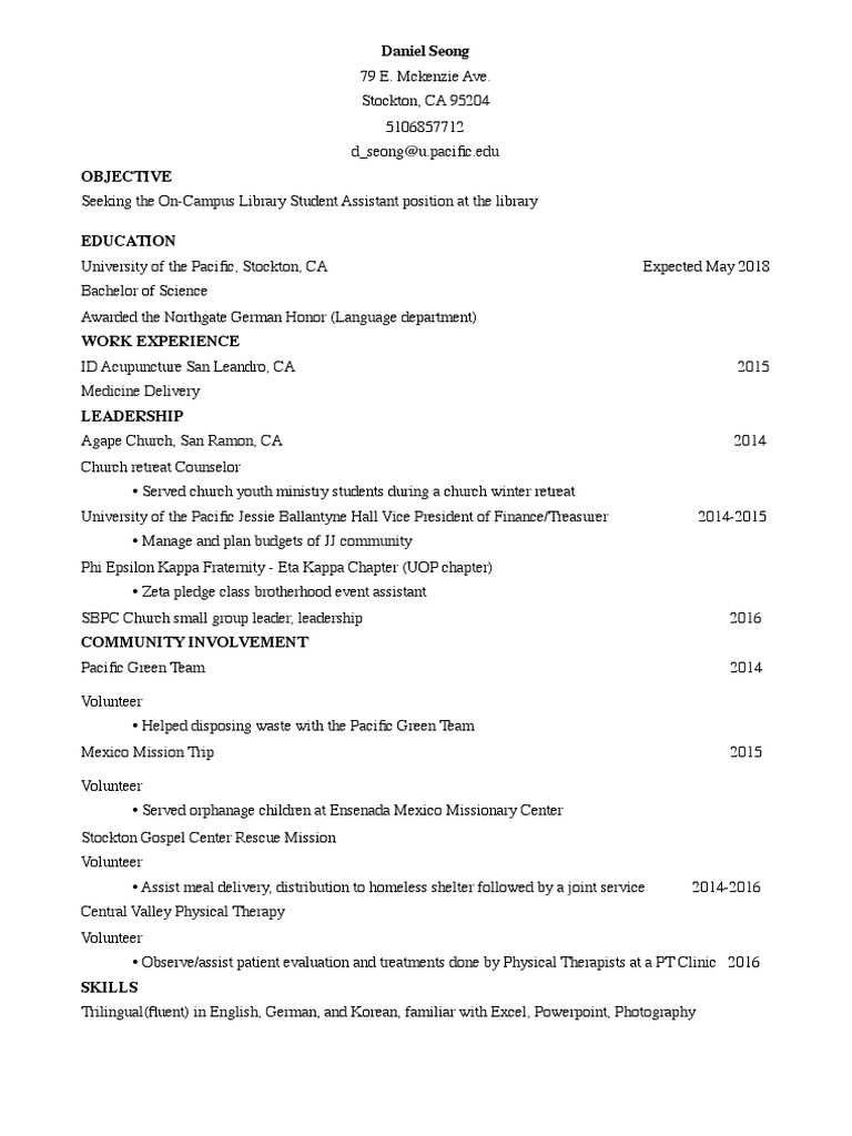 On-Campus Library Assistant Resume | PDF