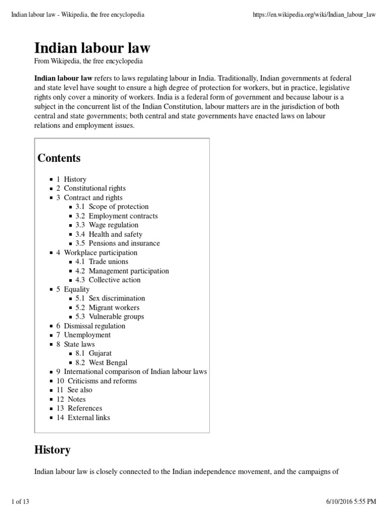 Indian Labour Law - Wikipedia, The Free Encyclopedia | PDF | Labor ...