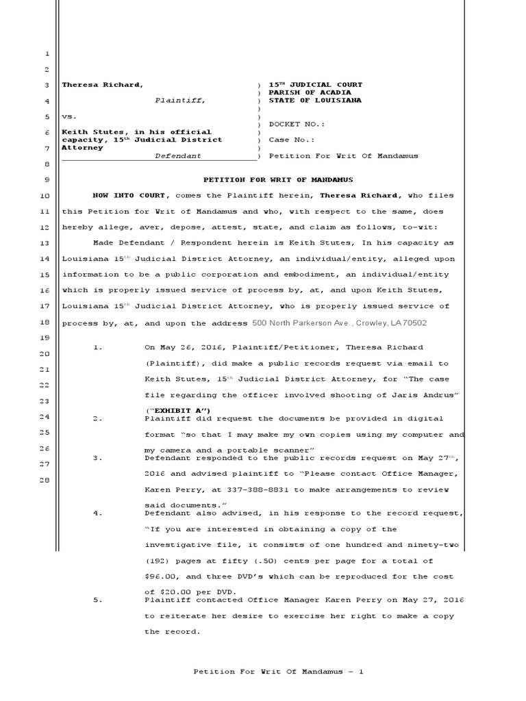 Writ of Mandamus - District Attorney | Mandamus | Writ