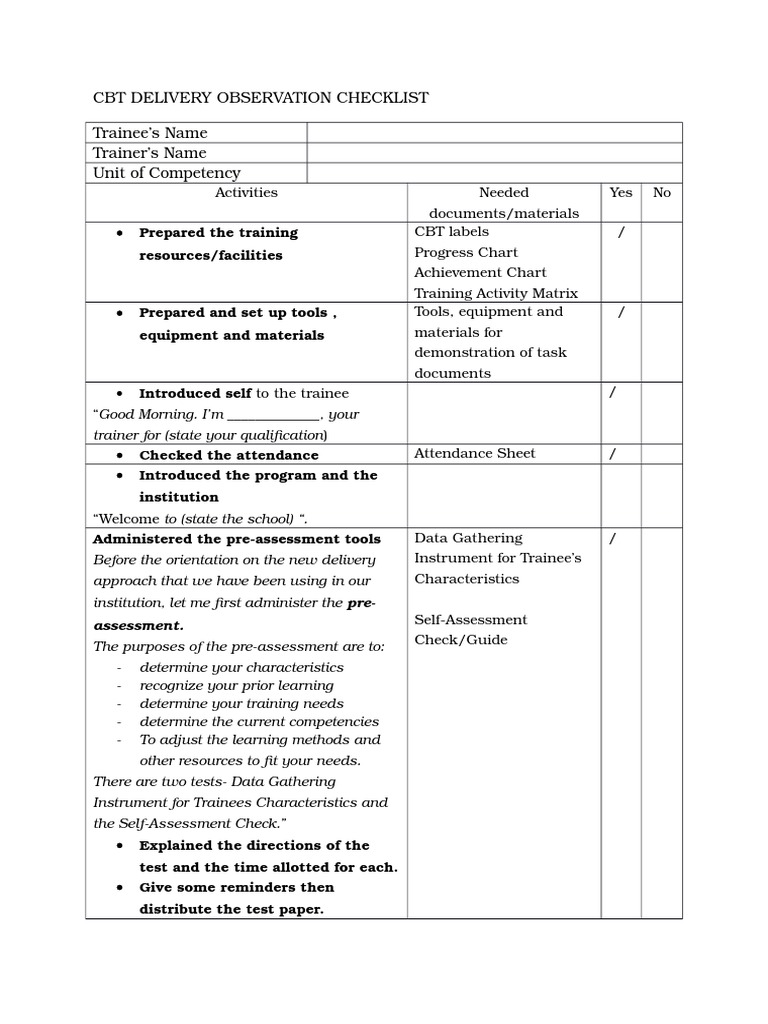 CBT Delivery Observation Checklist | PDF | Educational Technology ...